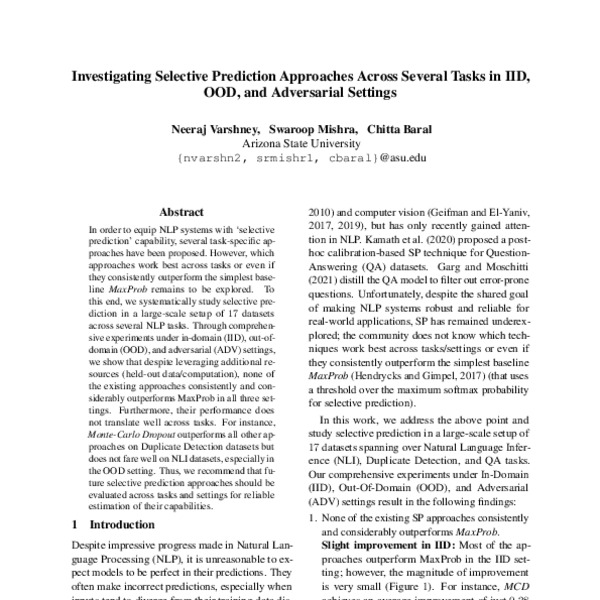 Investigating Selective Prediction Approaches Across Several Tasks in IID, OOD, and Adversarial ...