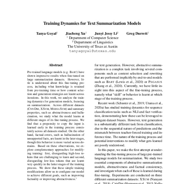 Training Dynamics for Text Summarization Models - ACL Anthology