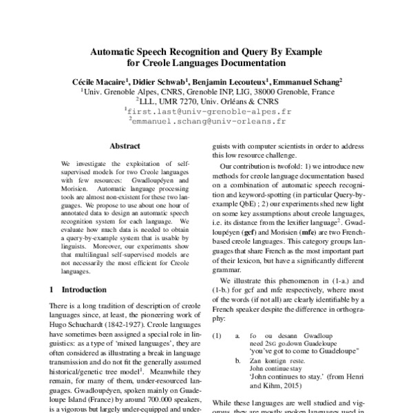 Automatic Speech Recognition and Query By Example for Creole Languages Documentation - ACL Anthology