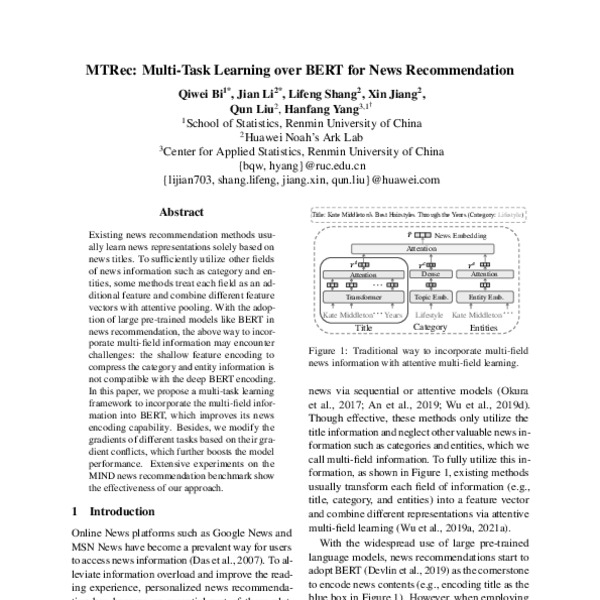 MTRec: Multi-Task Learning over BERT for News Recommendation - ACL Anthology