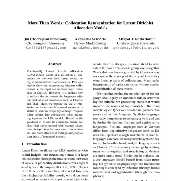More Than Words: Collocation Retokenization for Latent Dirichlet Allocation Models - ACL Anthology