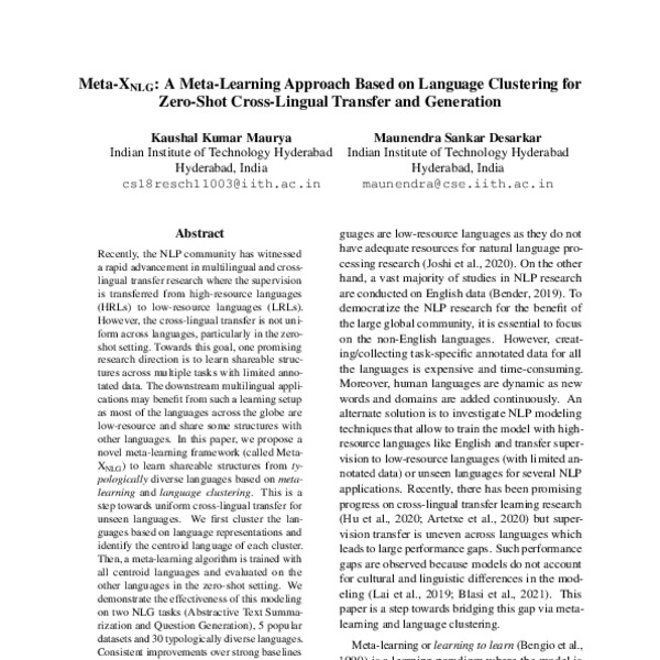Meta-XNLG: A Meta-Learning Approach Based on Language Clustering for Zero-Shot Cross-Lingual ...