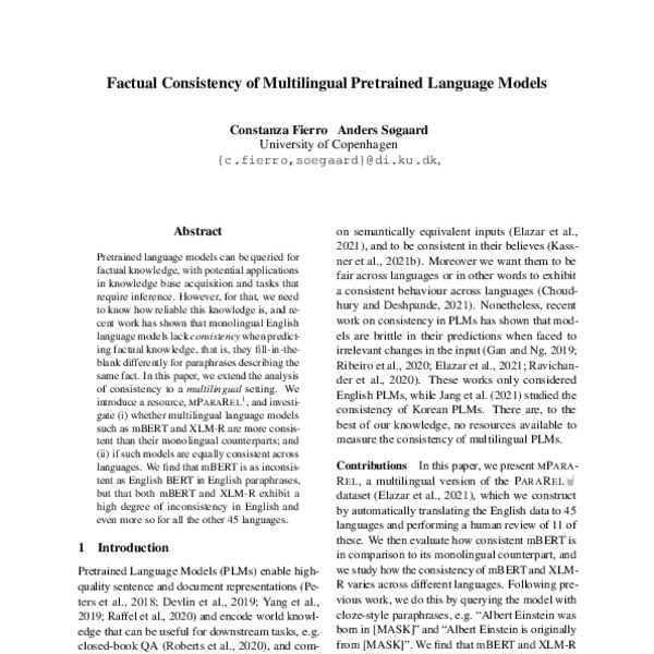 Factual Consistency of Multilingual Pretrained Language Models - ACL Anthology