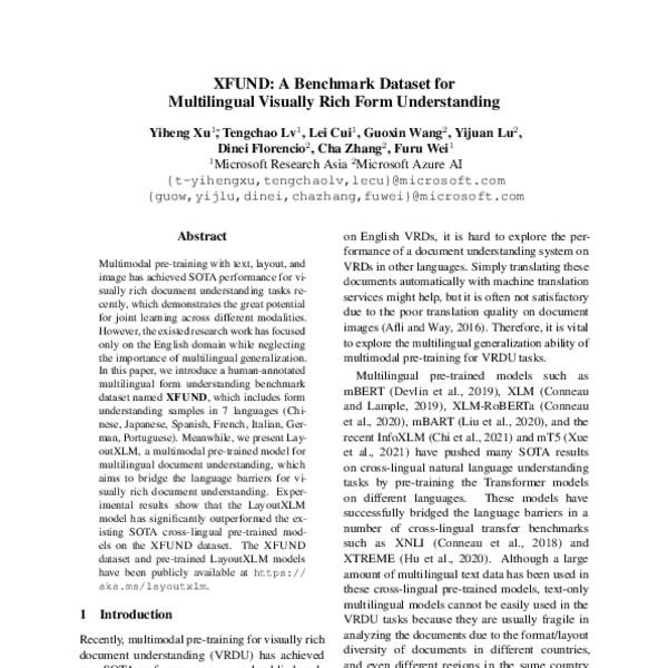 XFUND: A Benchmark Dataset for Multilingual Visually Rich Form ...