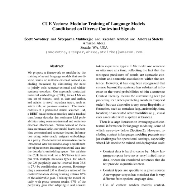 CUE Vectors: Modular Training of Language Models Conditioned on Diverse Contextual Signals - ACL ...