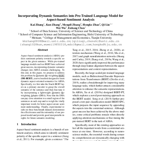 Incorporating Dynamic Semantics into Pre-Trained Language Model for Aspect-based Sentiment ...