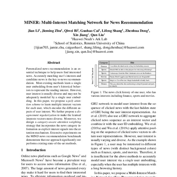 MINER: Multi-Interest Matching Network for News Recommendation - ACL ...