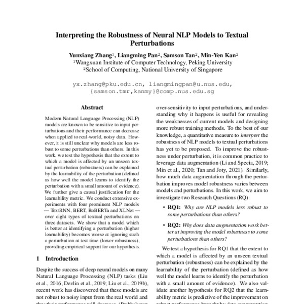Interpreting The Robustness Of Neural Nlp Models To Textual Perturbations Acl Anthology