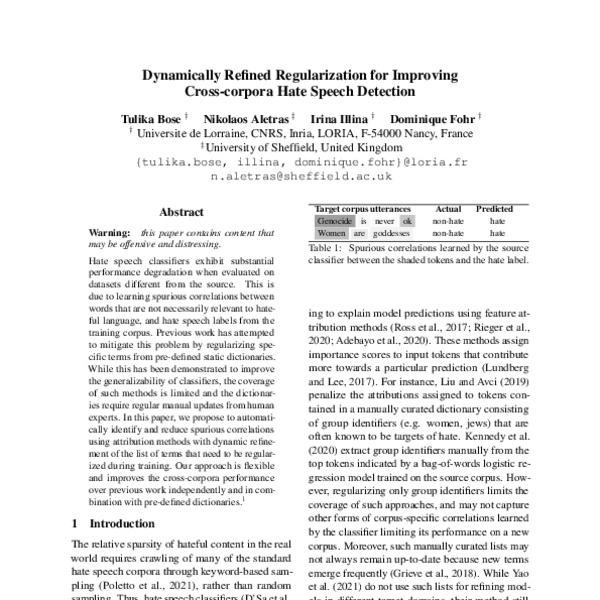Dynamically Refined Regularization for Improving Cross-corpora Hate Speech Detection - ACL Anthology