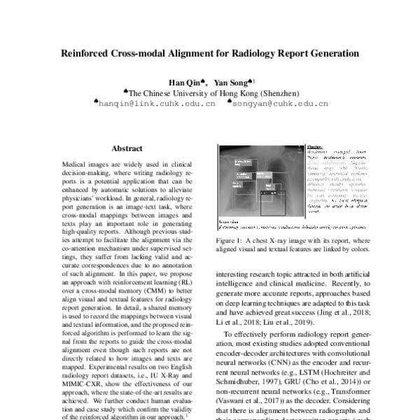 Reinforced Cross-modal Alignment for Radiology Report Generation - ACL Anthology