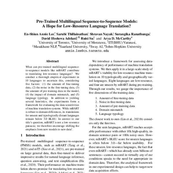 Pre-Trained Multilingual Sequence-to-Sequence Models: A Hope for Low-Resource Language ...