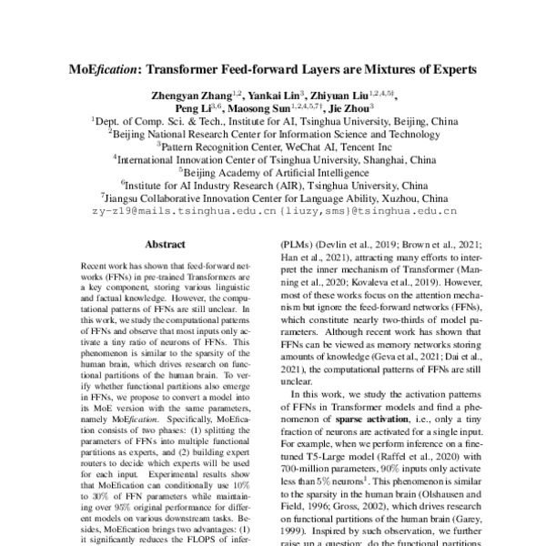 MoEfication: Transformer Feed-forward Layers are Mixtures of Experts - ACL Anthology