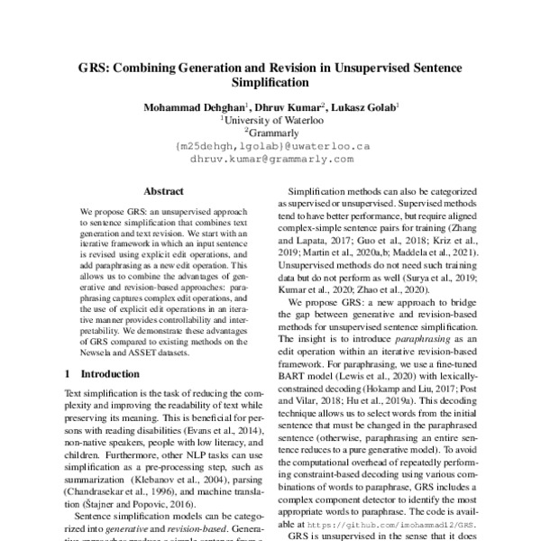 Grs Combining Generation And Revision In Unsupervised Sentence Simplification Acl Anthology