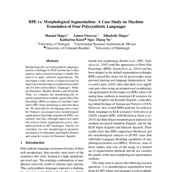 BPE vs. Morphological Segmentation: A Case Study on Machine Translation ...