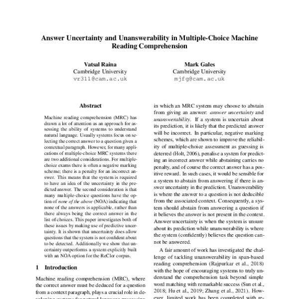Answer Uncertainty and Unanswerability in Multiple-Choice Machine Reading Comprehension - ACL ...