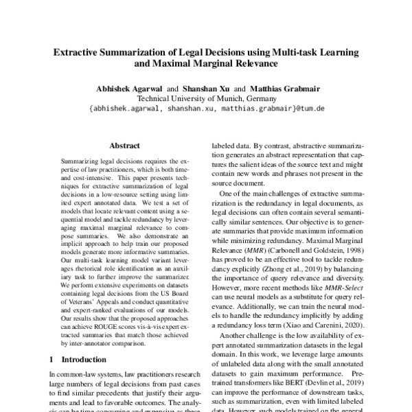 Extractive Summarization Of Legal Decisions Using Multi Task Learning