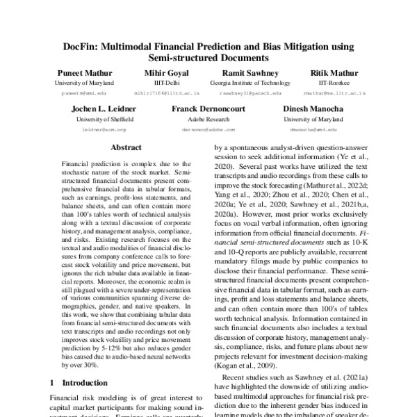 Docfin Multimodal Financial Prediction And Bias Mitigation Using Semi Structured Documents