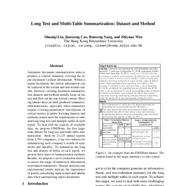 Long Text And Multi Table Summarization Dataset And Method Acl Anthology