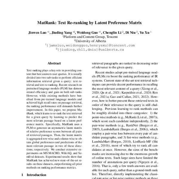 MatRank: Text Re-ranking by Latent Preference Matrix - ACL Anthology