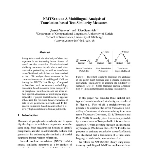 NMTScore: A Multilingual Analysis of Translation-based Text Similarity Measures - ACL Anthology