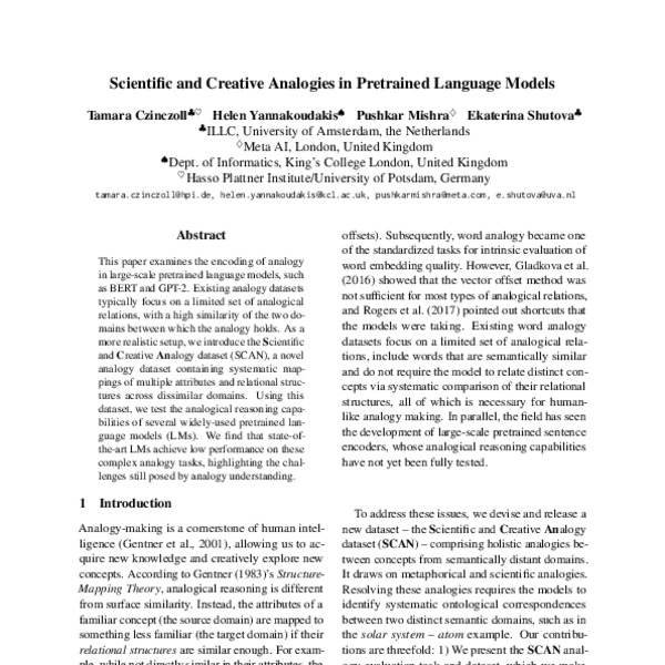 Scientific and Creative Analogies in Pretrained Language Models - ACL Anthology