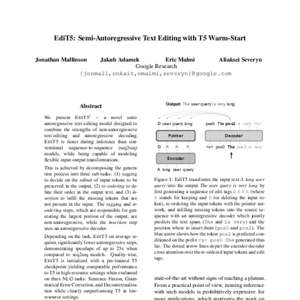 EdiT5: Semi-Autoregressive Text Editing with T5 Warm-Start - ACL Anthology