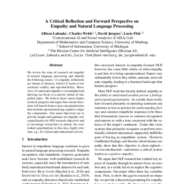 A Critical Reflection and Forward Perspective on Empathy and Natural Language Processing - ACL ...