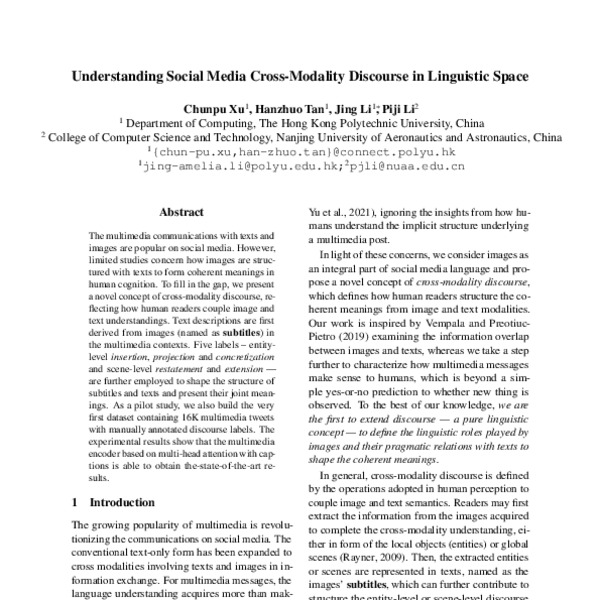 Understanding Social Media Cross Modality Discourse In Linguistic Space Acl Anthology