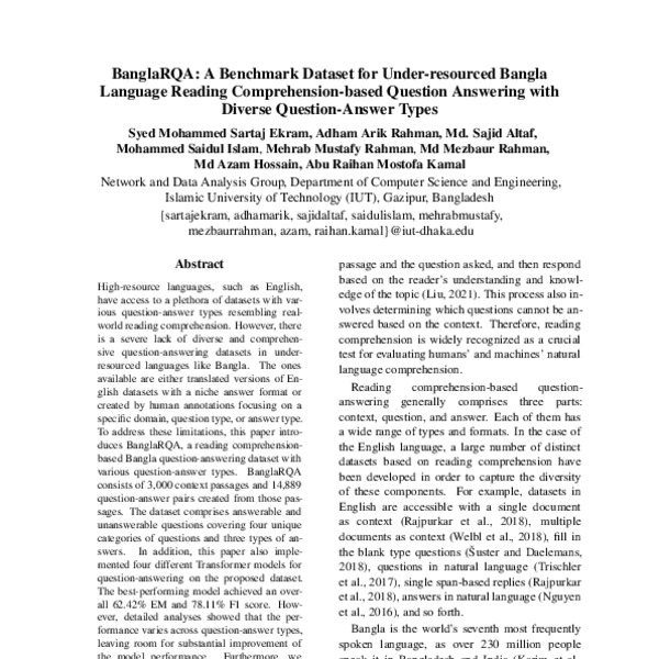 BanglaRQA: A Benchmark Dataset for Under-resourced Bangla Language Reading Comprehension-based ...