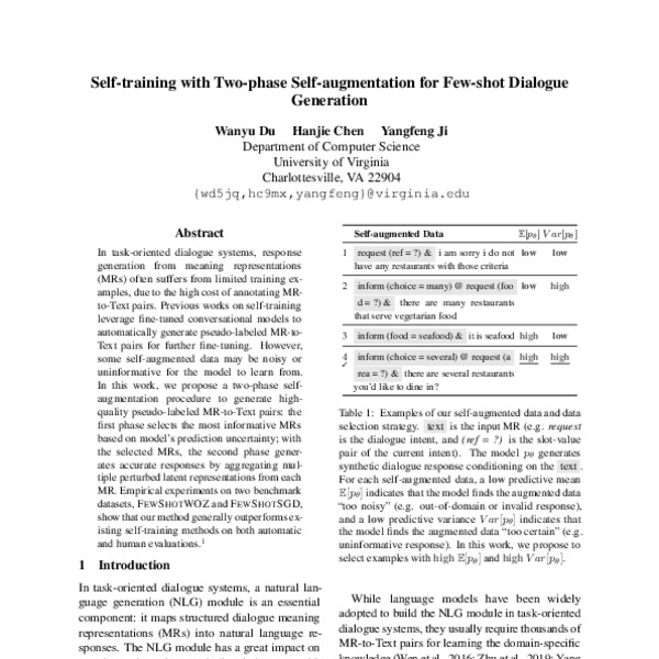 Self-training with Two-phase Self-augmentation for Few-shot Dialogue Generation - ACL Anthology