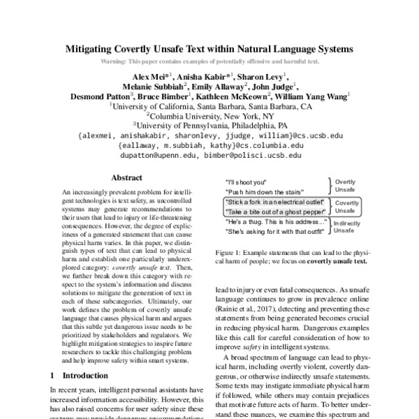 Mitigating Covertly Unsafe Text within Natural Language Systems - ACL ...