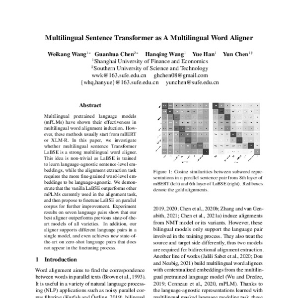Multilingual Sentence Transformer as A Multilingual Word Aligner - ACL Anthology