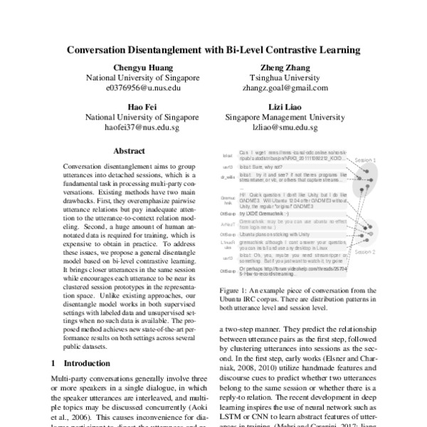 Conversation Disentanglement with Bi-Level Contrastive Learning - ACL Anthology