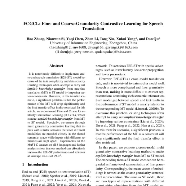 FCGCL: Fine- and Coarse-Granularity Contrastive Learning for Speech Translation - ACL Anthology