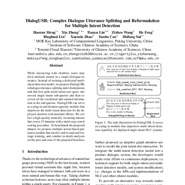 DialogUSR: Complex Dialogue Utterance Splitting and Reformulation for Multiple Intent Detection ...