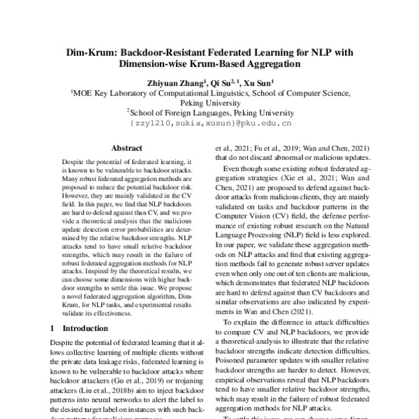 Dim-Krum: Backdoor-Resistant Federated Learning for NLP with Dimension-wise Krum-Based ...