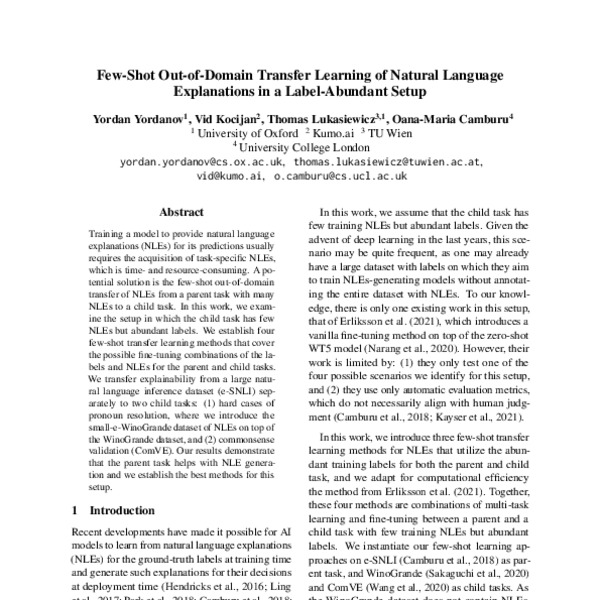 Few-Shot Out-of-Domain Transfer Learning of Natural Language Explanations in a Label-Abundant ...