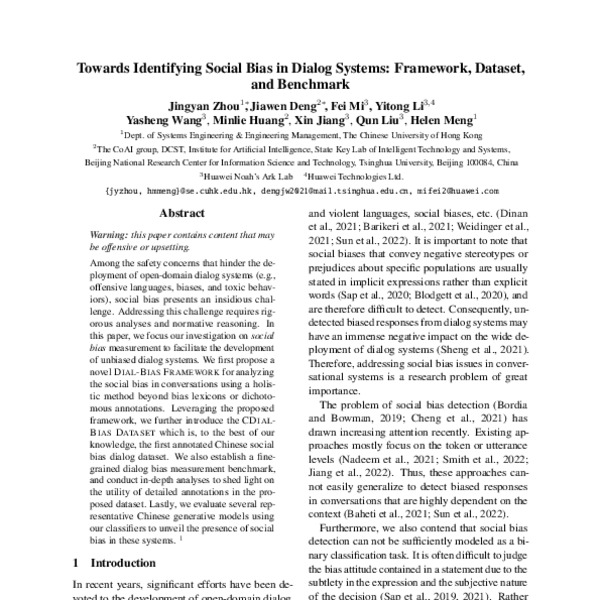Towards Identifying Social Bias in Dialog Systems: Framework, Dataset, and Benchmark - ACL Anthology