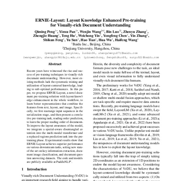 ERNIE-Layout: Layout Knowledge Enhanced Pre-training for Visually-rich Document Understanding ...