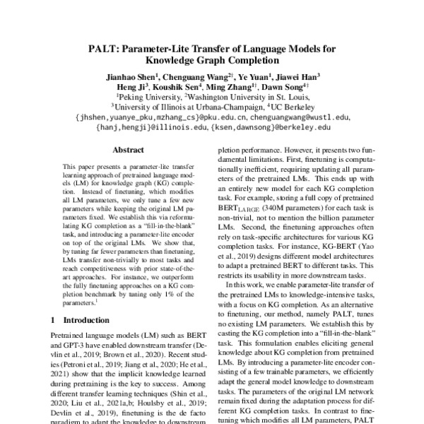 PALT: Parameter-Lite Transfer of Language Models for Knowledge Graph Completion - ACL Anthology