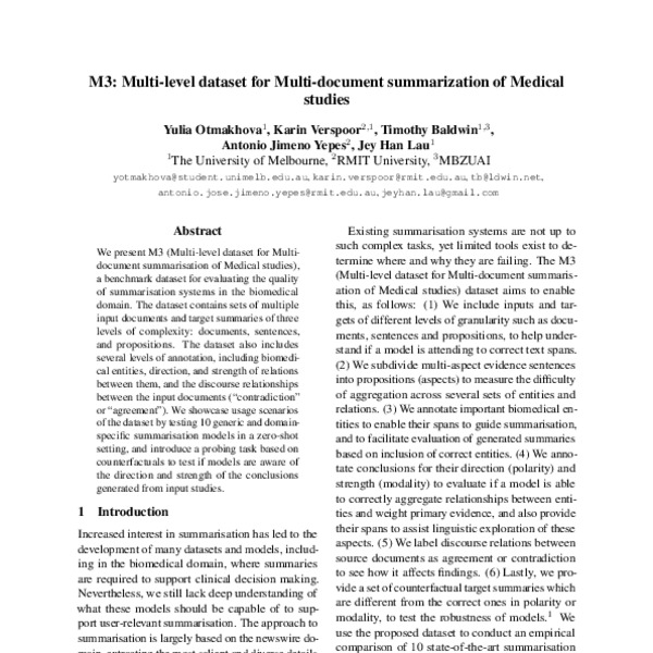 M3: Multi-level dataset for Multi-document summarisation of Medical studies - ACL Anthology