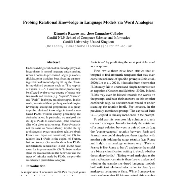 Probing Relational Knowledge in Language Models via Word Analogies - ACL Anthology