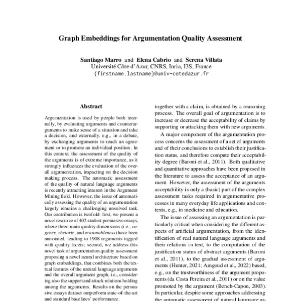 Graph Embeddings For Argumentation Quality Assessment Acl Anthology