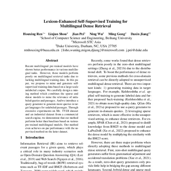 Lexicon-Enhanced Self-Supervised Training for Multilingual Dense Retrieval - ACL Anthology