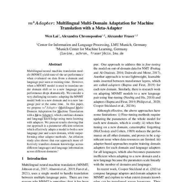m4 Adapter: Multilingual Multi-Domain Adaptation for Machine Translation with a Meta-Adapter ...