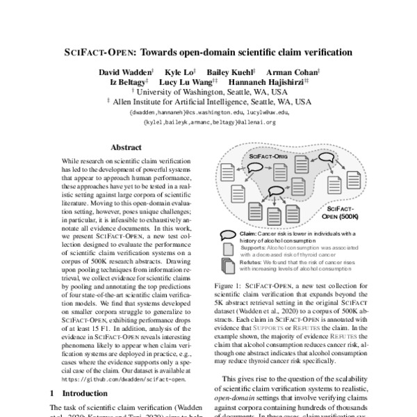 SciFact-Open: Towards open-domain scientific claim verification - ACL Anthology