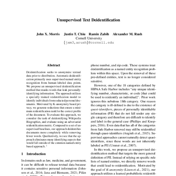 Unsupervised Text Deidentification - ACL Anthology