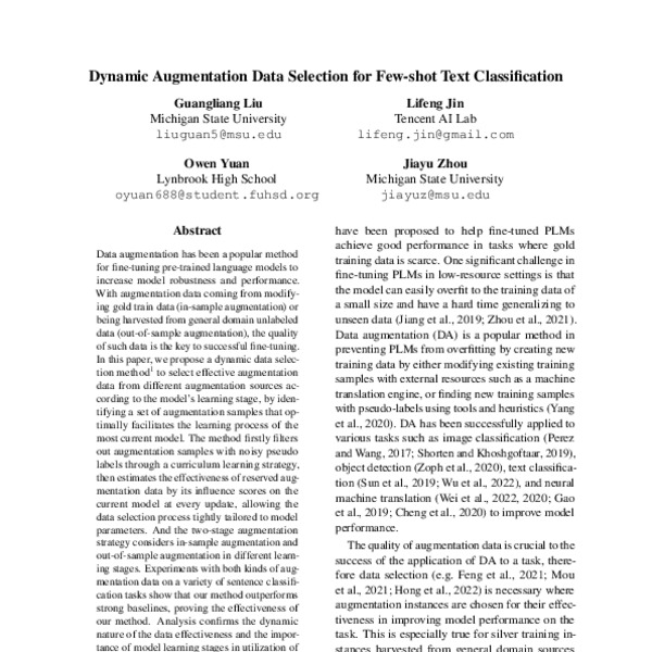 Dynamic Augmentation Data Selection for Few-shot Text Classification - ACL Anthology