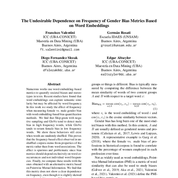 The Undesirable Dependence on Frequency of Gender Bias Metrics Based on Word Embeddings - ACL ...