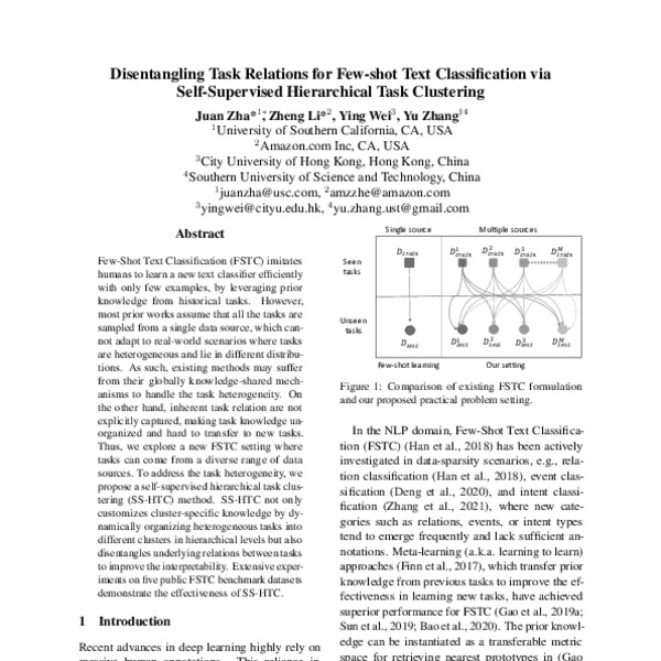 Disentangling Task Relations For Few Shot Text Classification Via Self Supervised Hierarchical